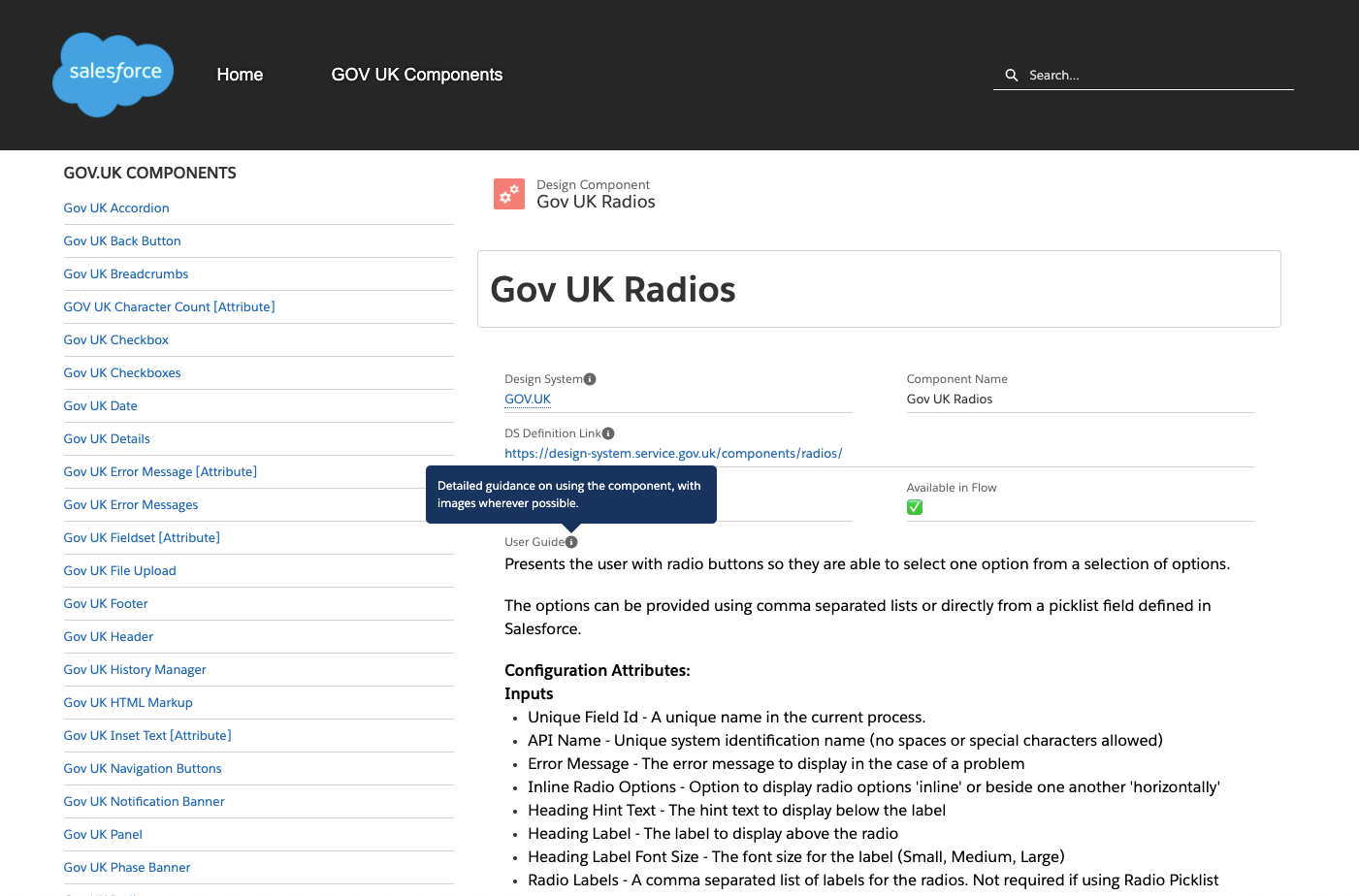 online user guide for components