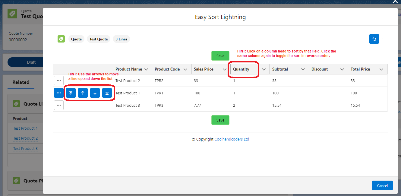 allow sorting by column or moving a row up and down only