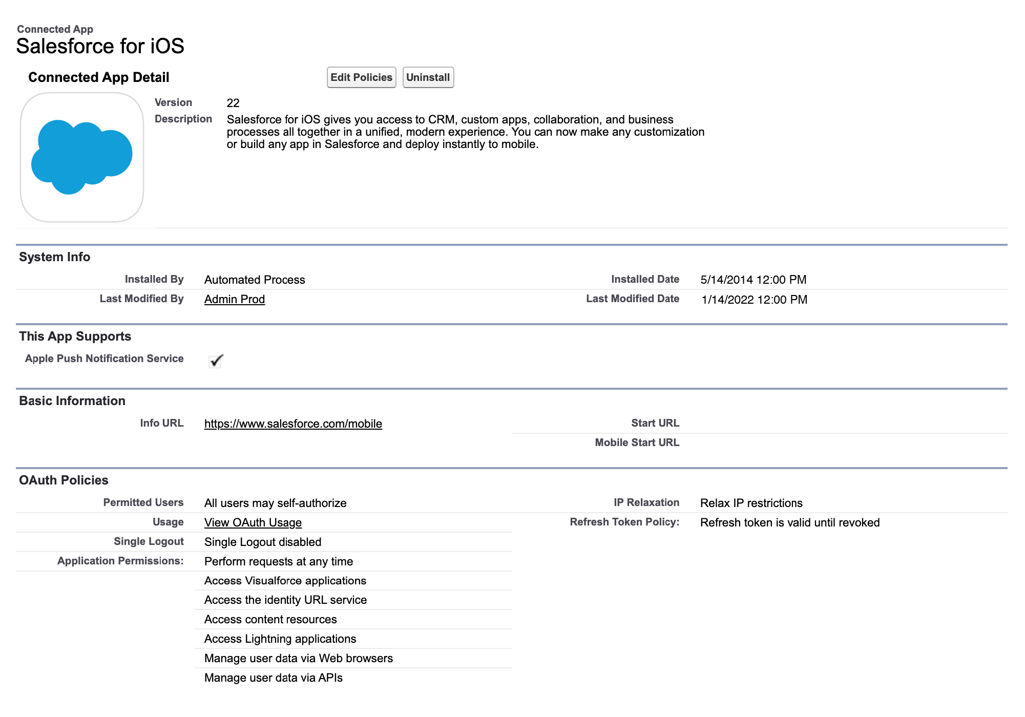 Sample Configuration Screen For The Salesforce For Ios Connected App