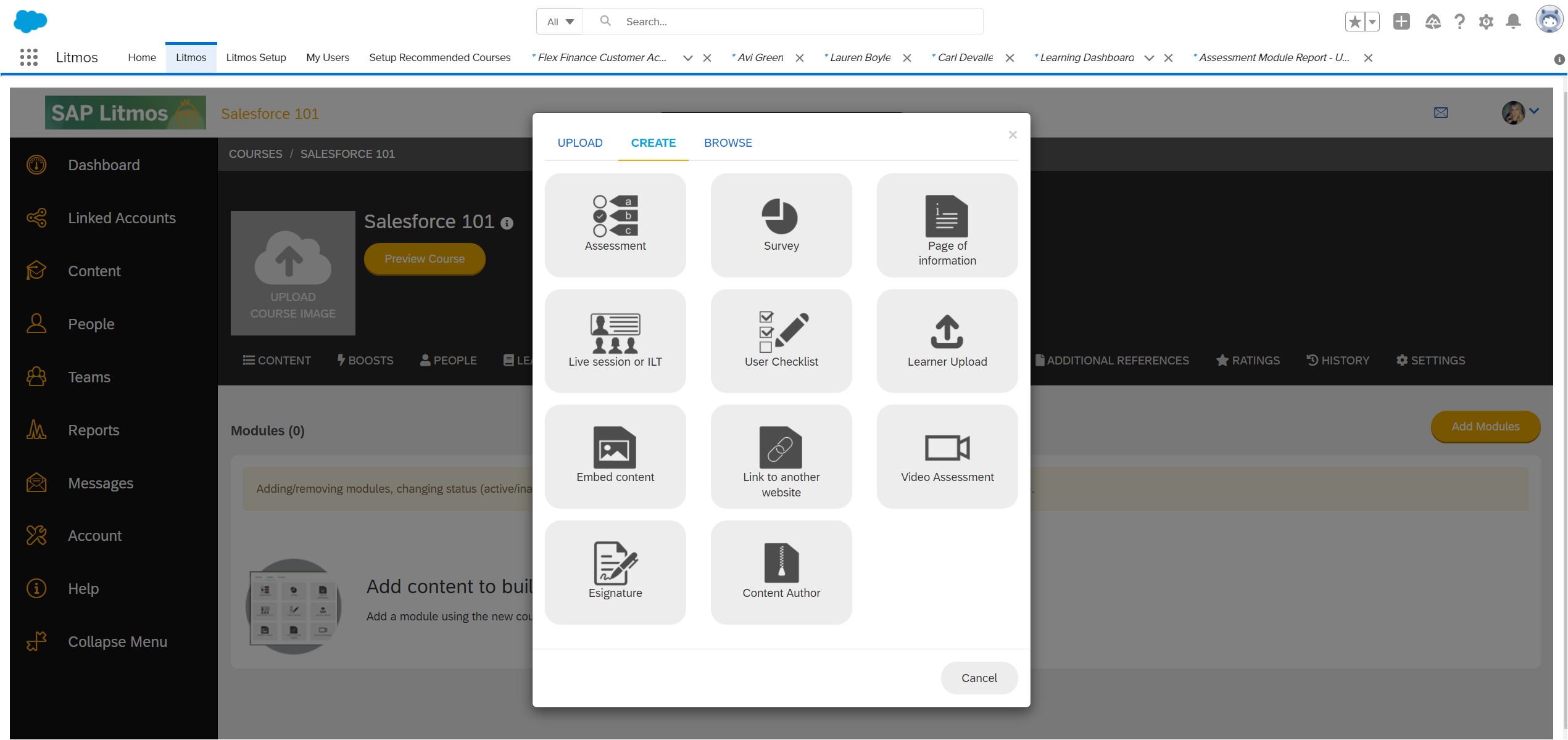 course builder within salesforce view