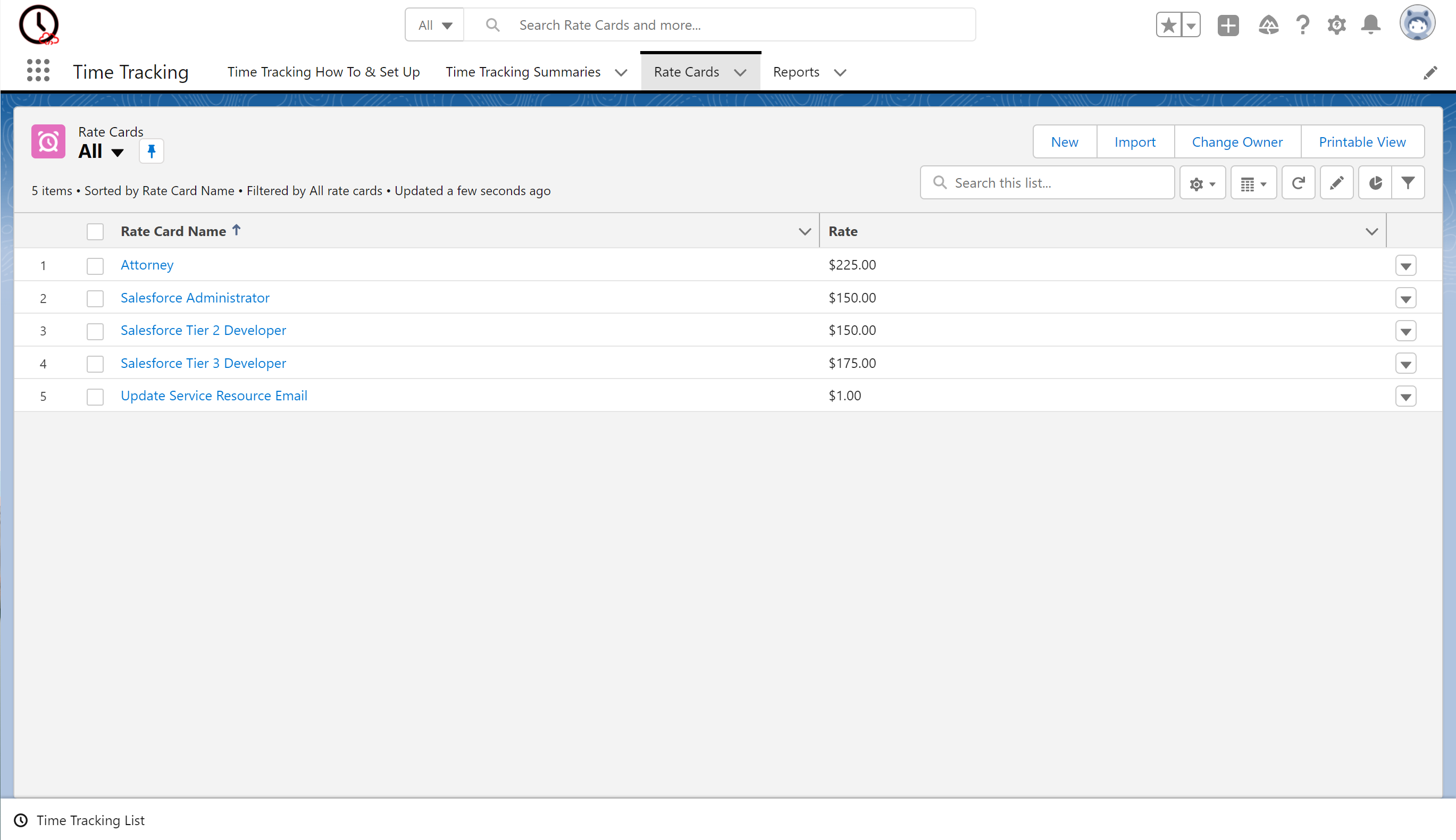 time tracking rate cards