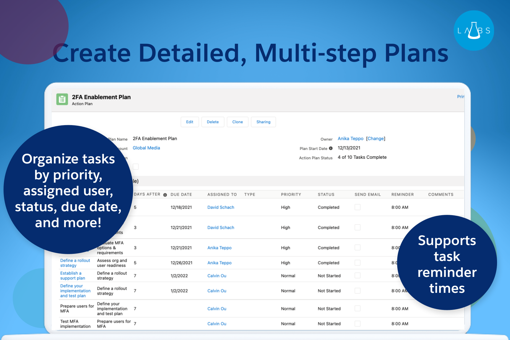 create multi step plans and organize tasks by priority assigned user status due date and more