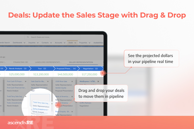 update the sales stage with drag and drop and see the projected dollars ...