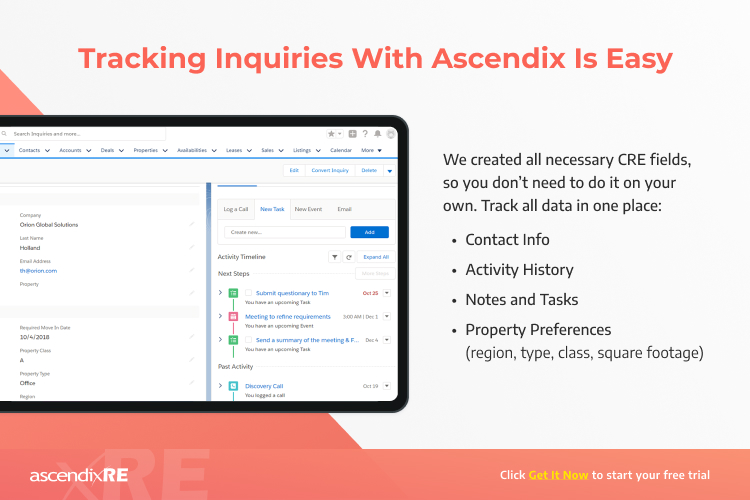 track inquiries for lease and for sale with prebuilt fields easily customize them and add new ones