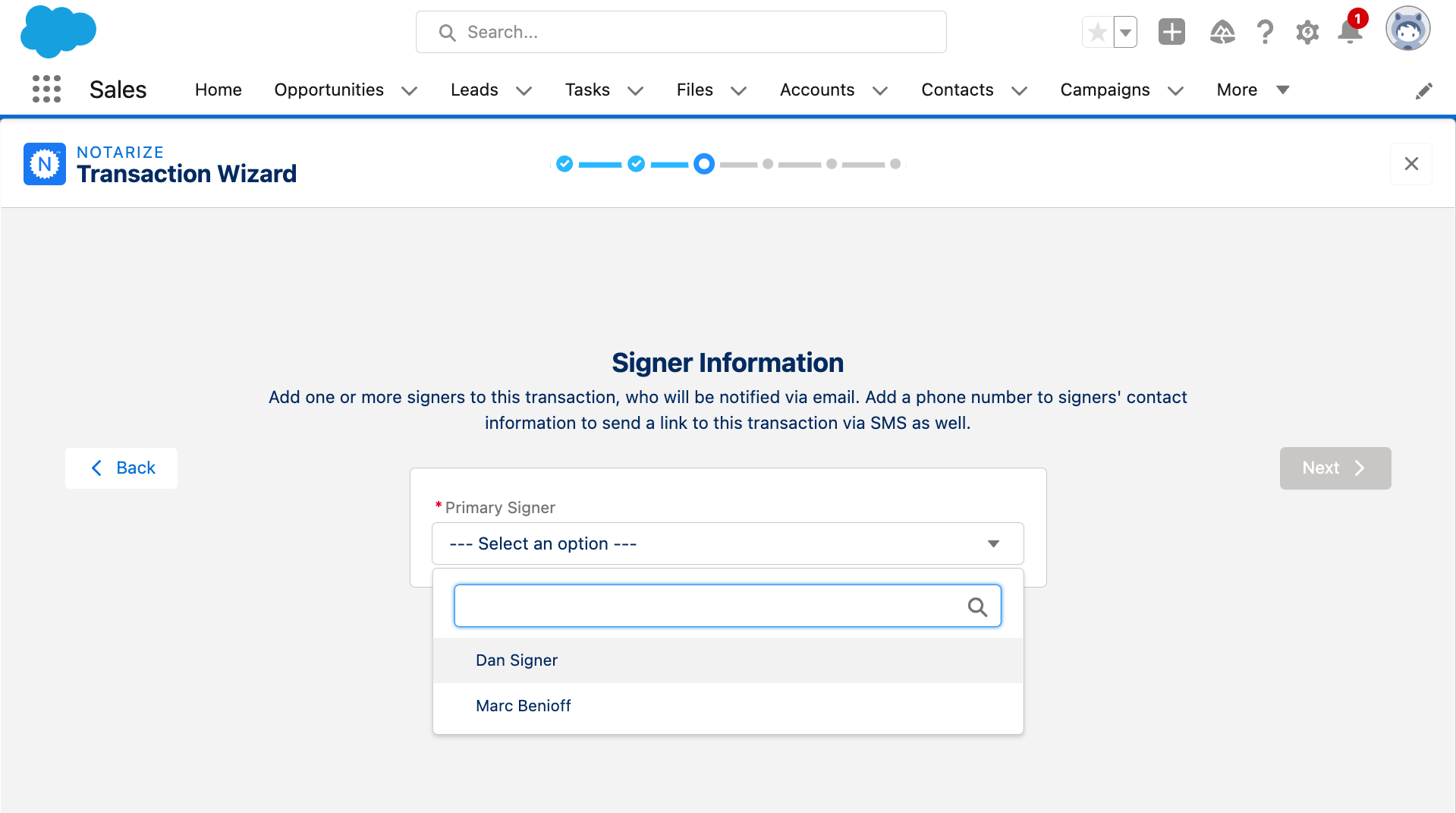 app screenshot choose from drop down contacts for one or multiple signers