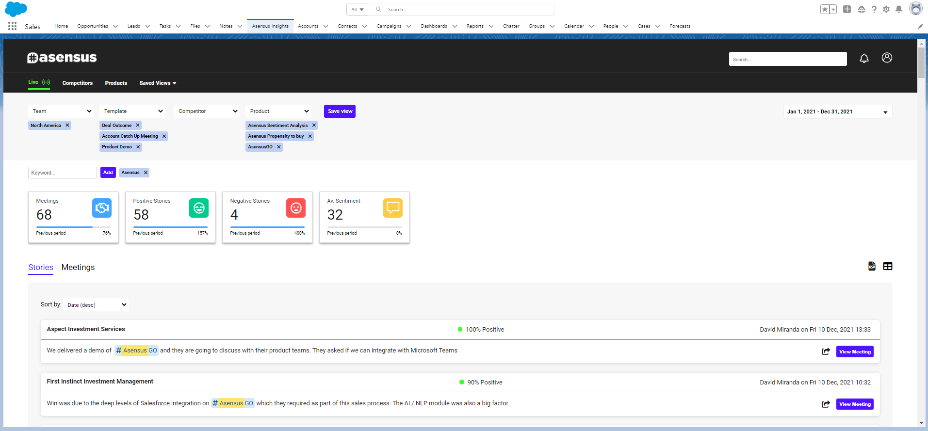 search and filter all salesforce meeting notes and activities