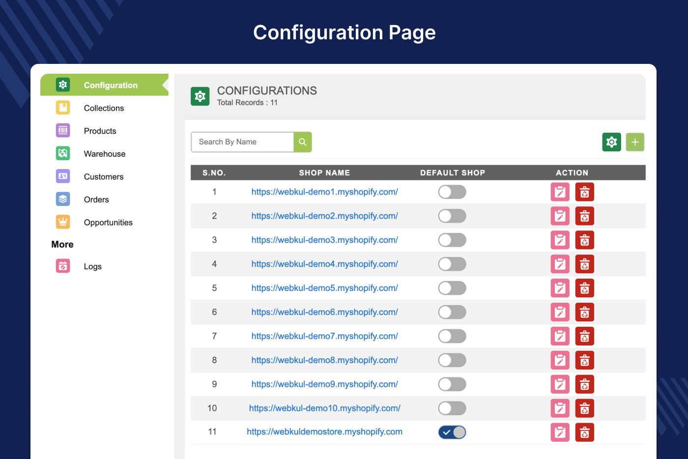 application configuration page