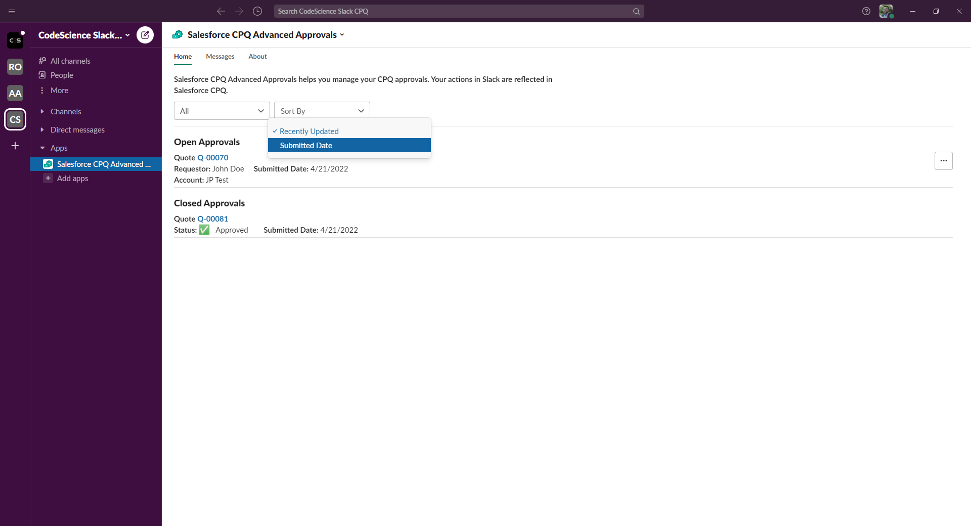 Salesforce CPQ Advanced Approvals Slack App