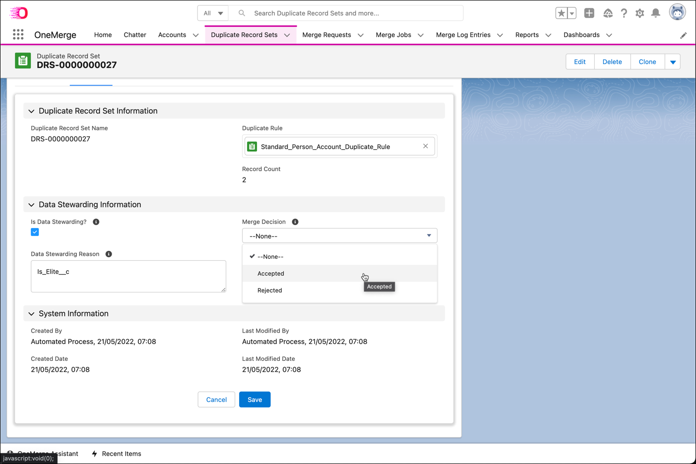 data stewarding via duplicate record set