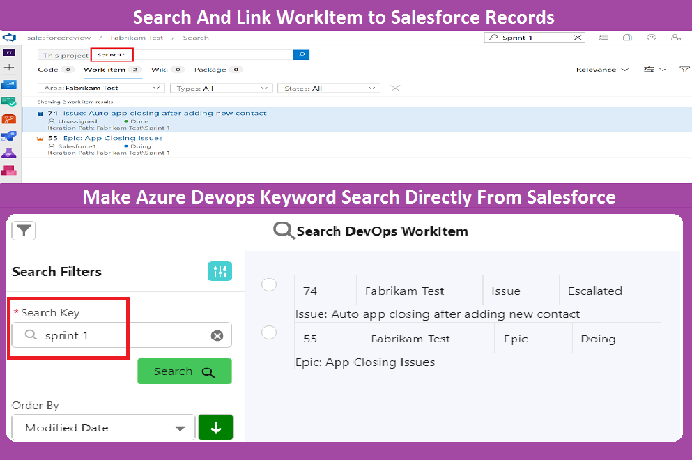 directly search workitem by any keyword and link workitem to salesforce