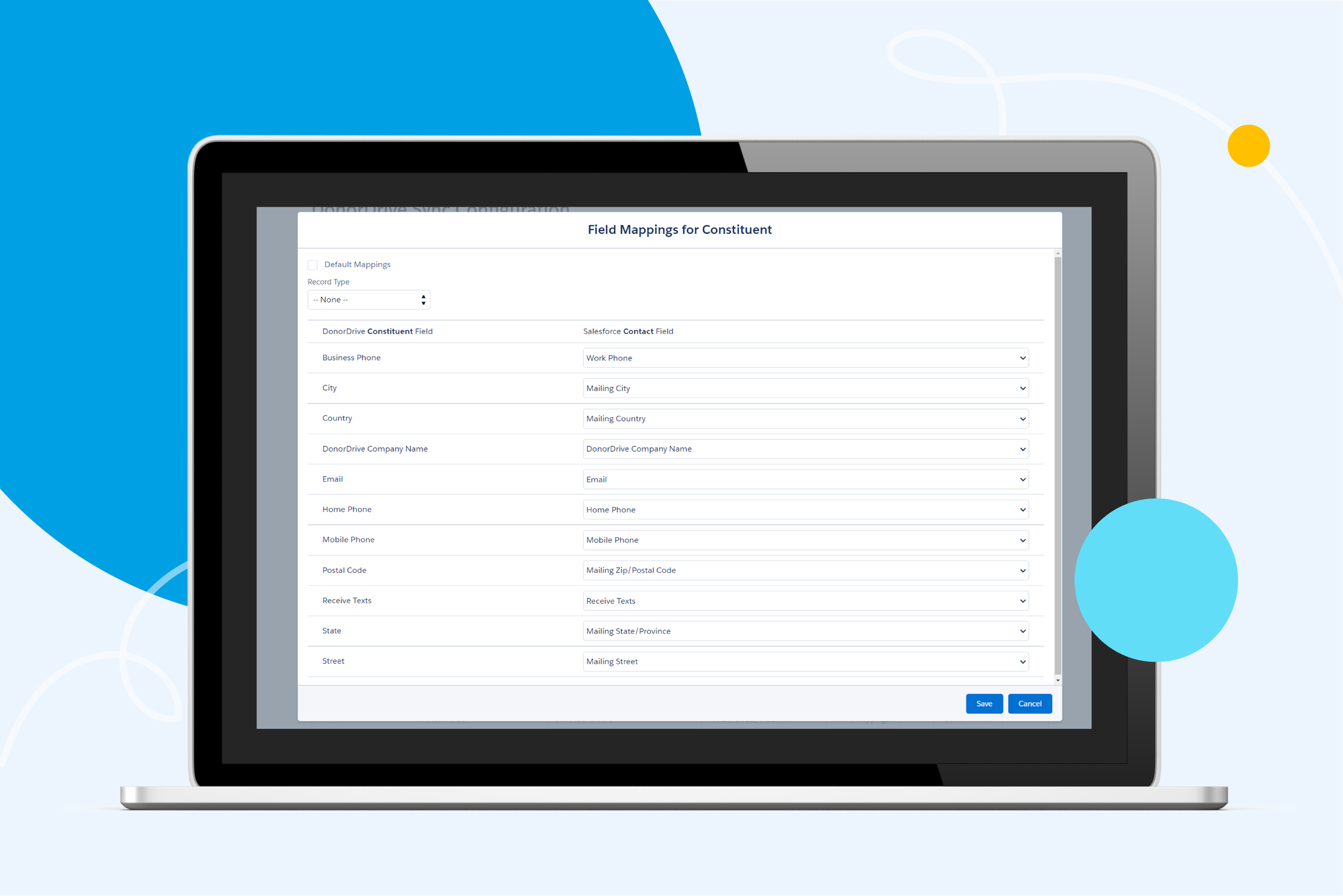 easily customize field mappings between donordrive and salesforce