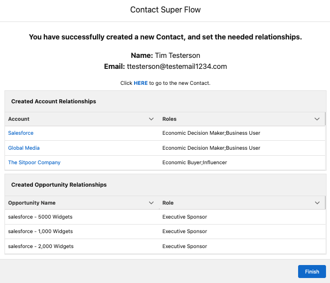 summary screen at the end that shows what the user did and provides a link to the new contact