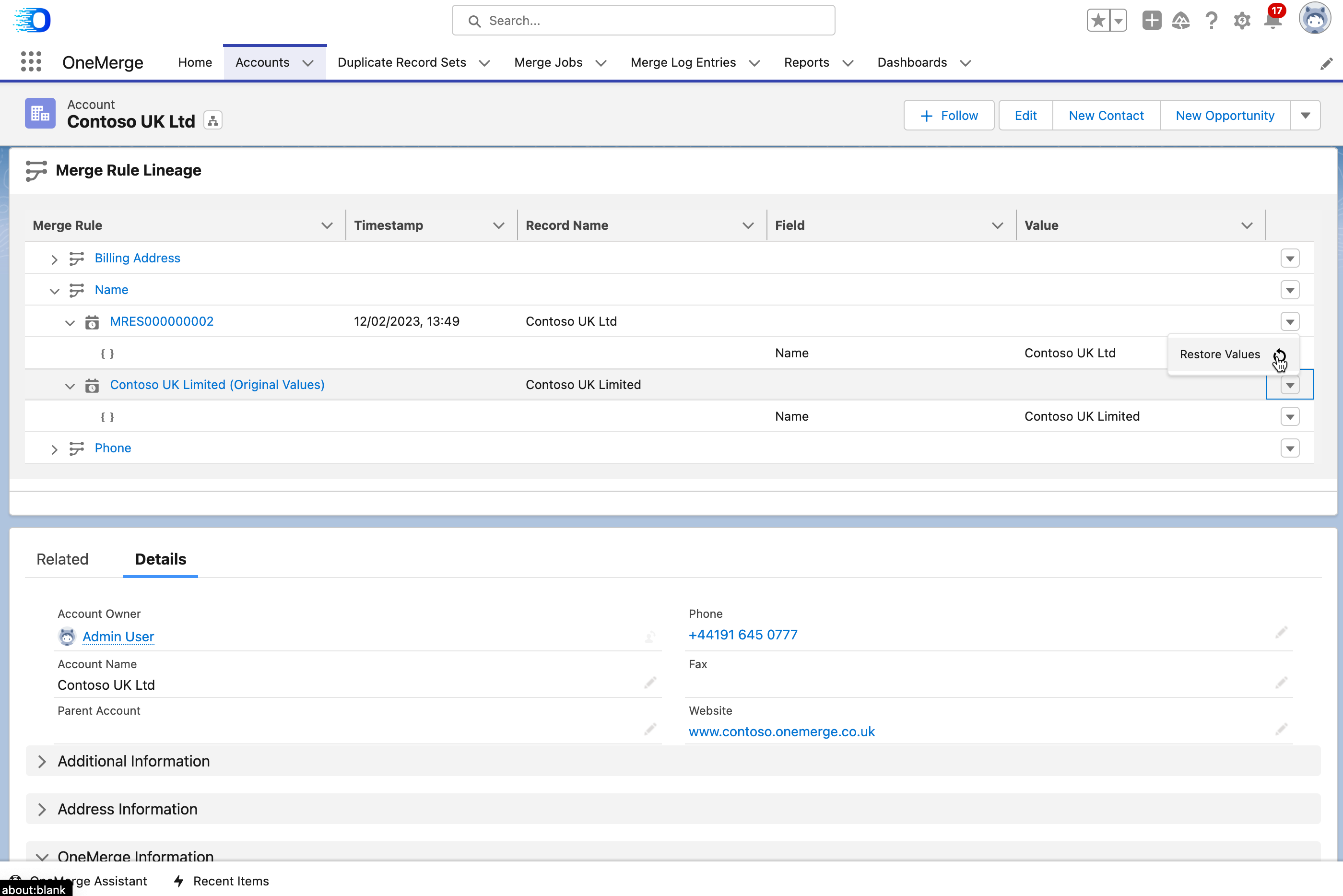 5 merge rule lineage shows field population across the merge timeline and supports restoration