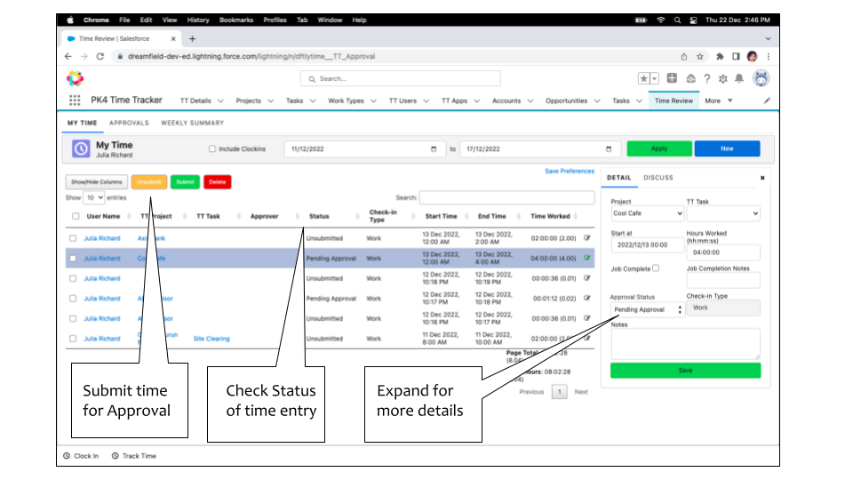 review time cards check detail and submit for approval