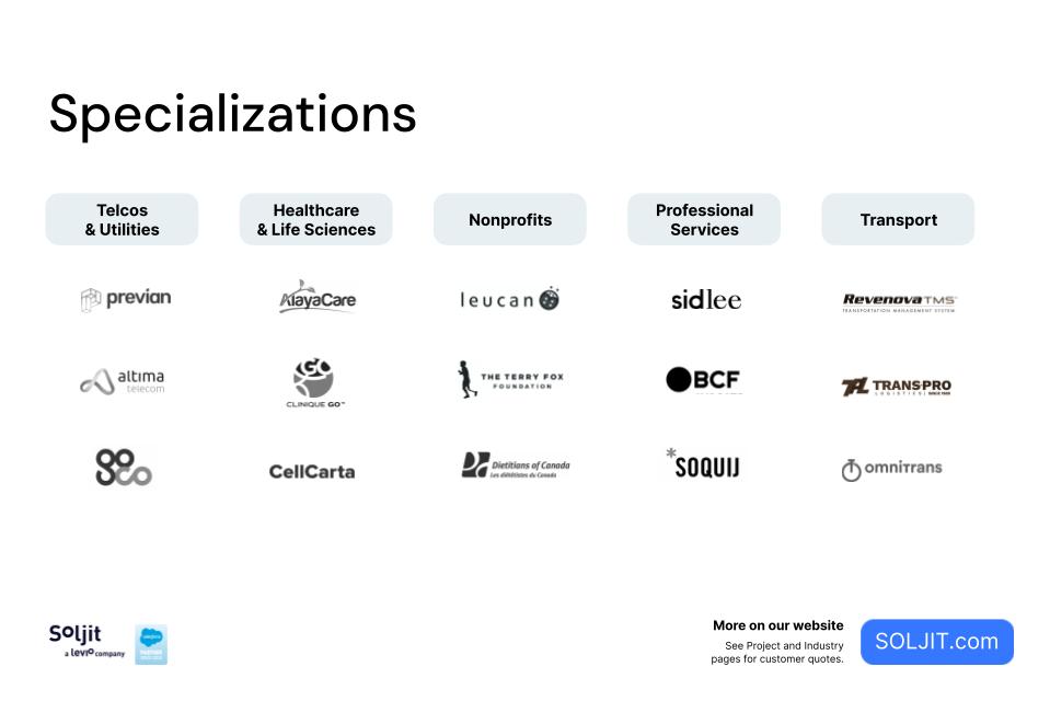 specializations telcos utilities healthcare life sciences nonprofits pro services transport